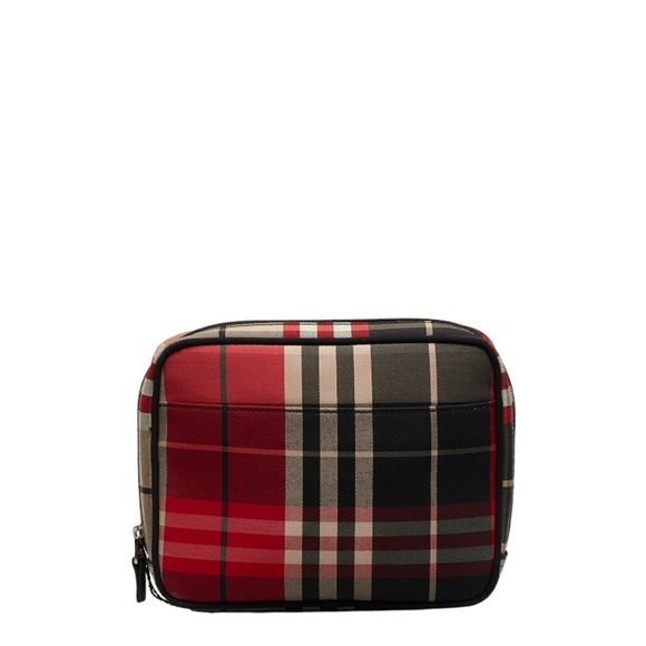 Burberry | Bags | Burberry Check Pouch Red Black Canvas Leather Womens ...